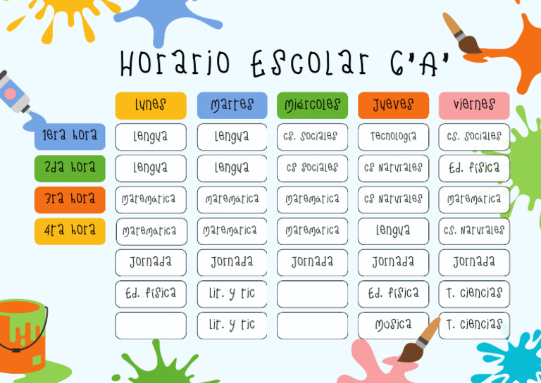 Horario Escolar Documento A4 Colegio Manchas Colores Ilustrado Juvenil ...