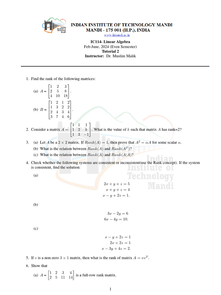 Tutorial-2 | PDF | Matrix (Mathematics) | Vector Space