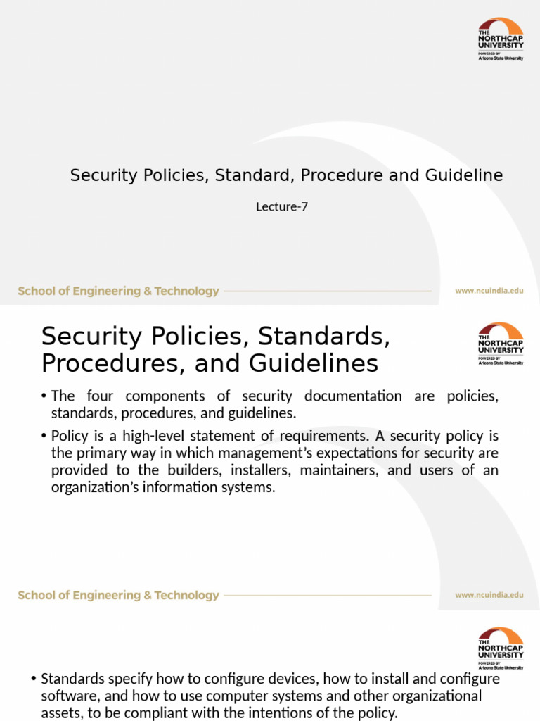 Lec7 - Security Policies, Standard, Procedure and Guidelines | PDF | Policy | Employment