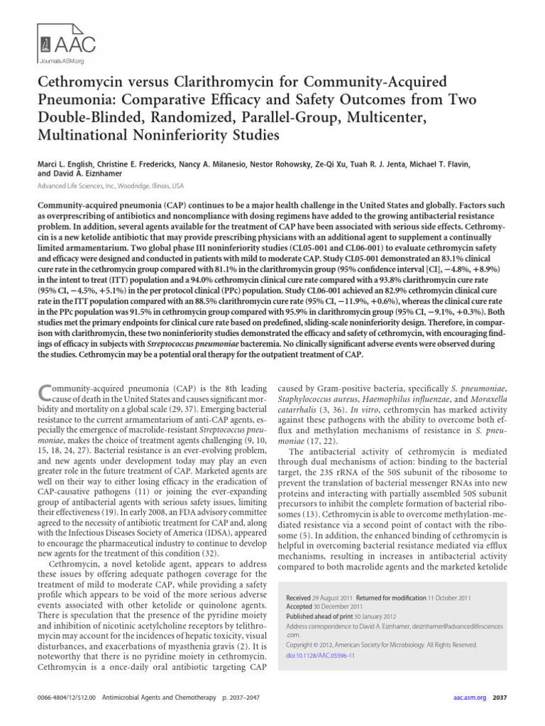 English Et Al 2012 Cethromycin Versus Clarithromycin For Community ...