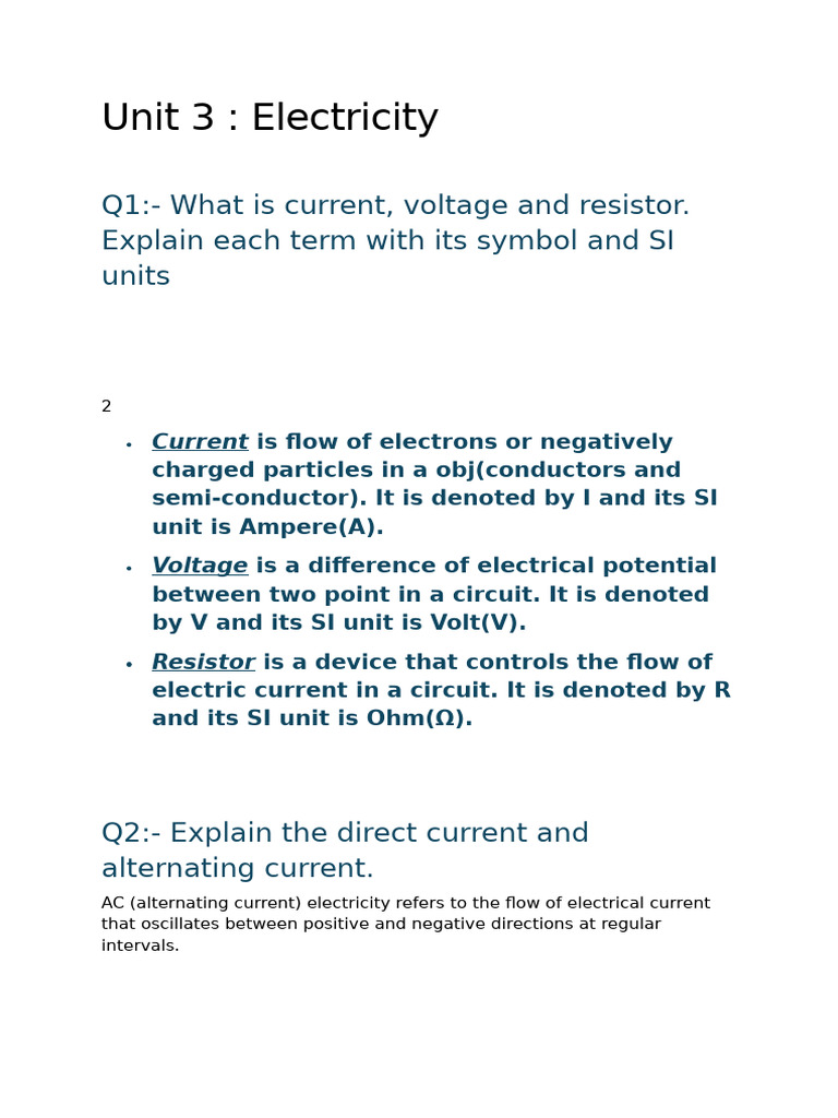 Unit 3 Electricity | PDF