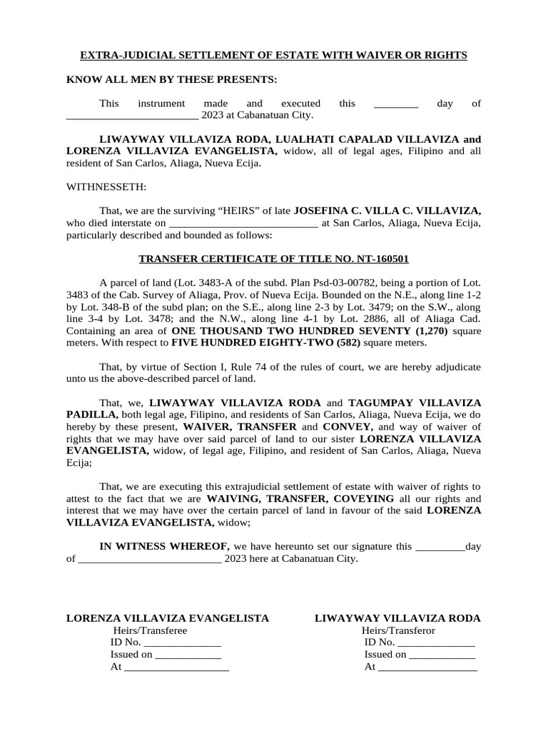 Extra Judicial Settlement of Estate With Waiver or Rights | PDF