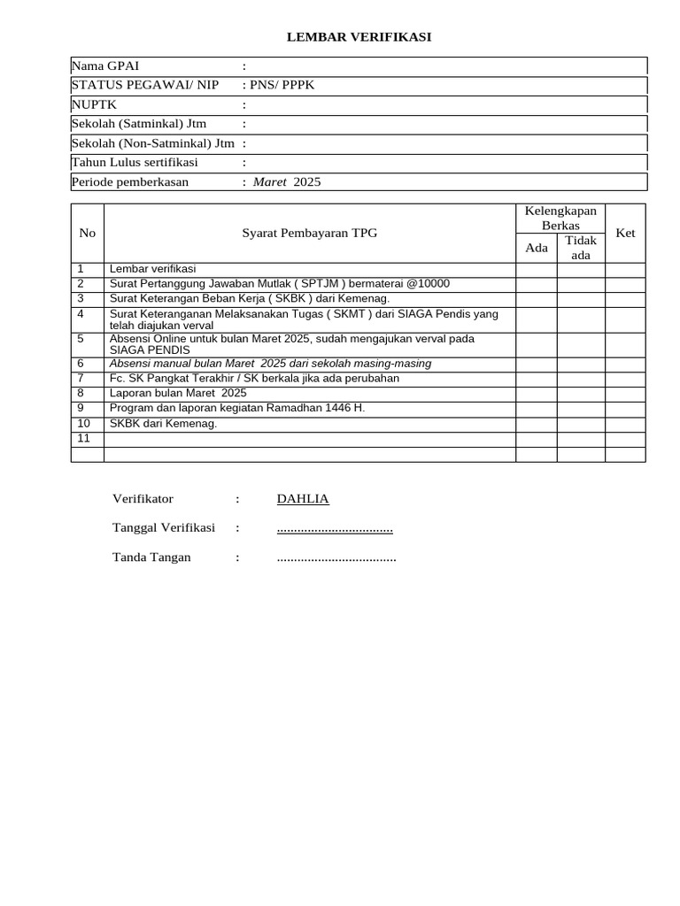 Lembar Verifikasi 1-2 2025 | PDF