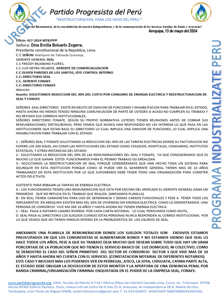 Oficio 427 2024 Seal Rebaja Del 30 Por Ciento Del Costo Del Kilowat Hora | PDF | Perú | Gobierno