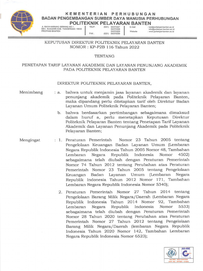 SSK Penetapan Tarif Layanan Akademi & Penunjang Akademik Poltekpel Banten 2022 | PDF