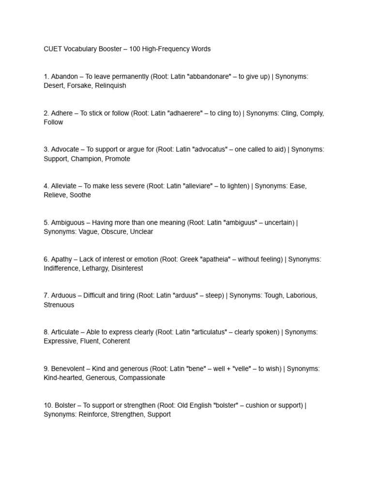 CUET Vocabulary Booster – 100 High-Frequency Words | PDF