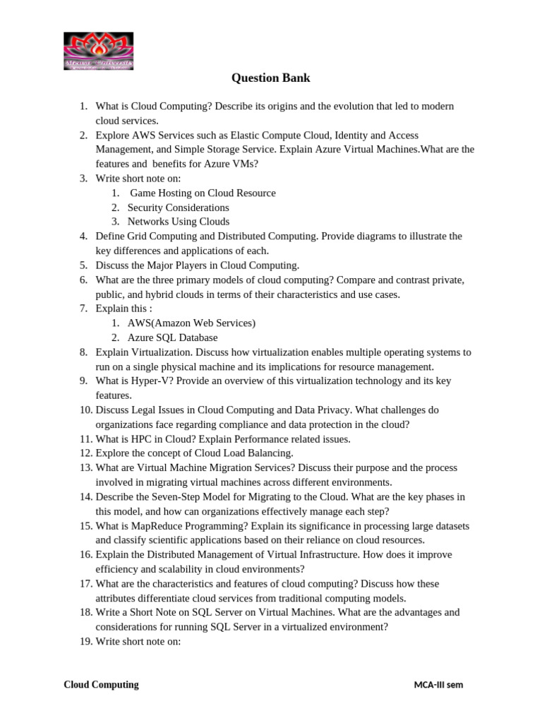 Question Bank MCA III Sem | PDF | Cloud Computing | Virtualization