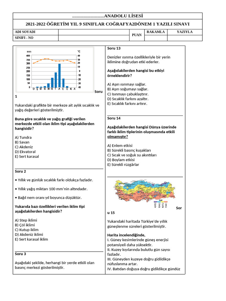 Sinif Cografya 2.donem 1.yazili Sorulari Ve Cevaplari | PDF