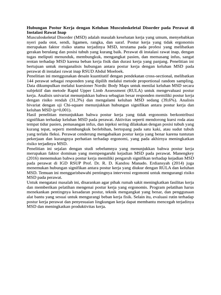 Hubungan Postur Kerja Dengan Keluhan Musculoskeletal Disorder | PDF