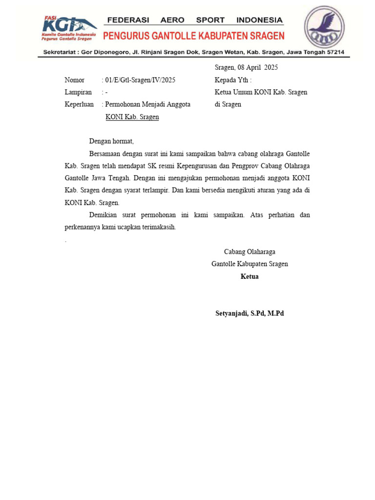 Surat Permohonan Menjadi Anggota KONI | PDF