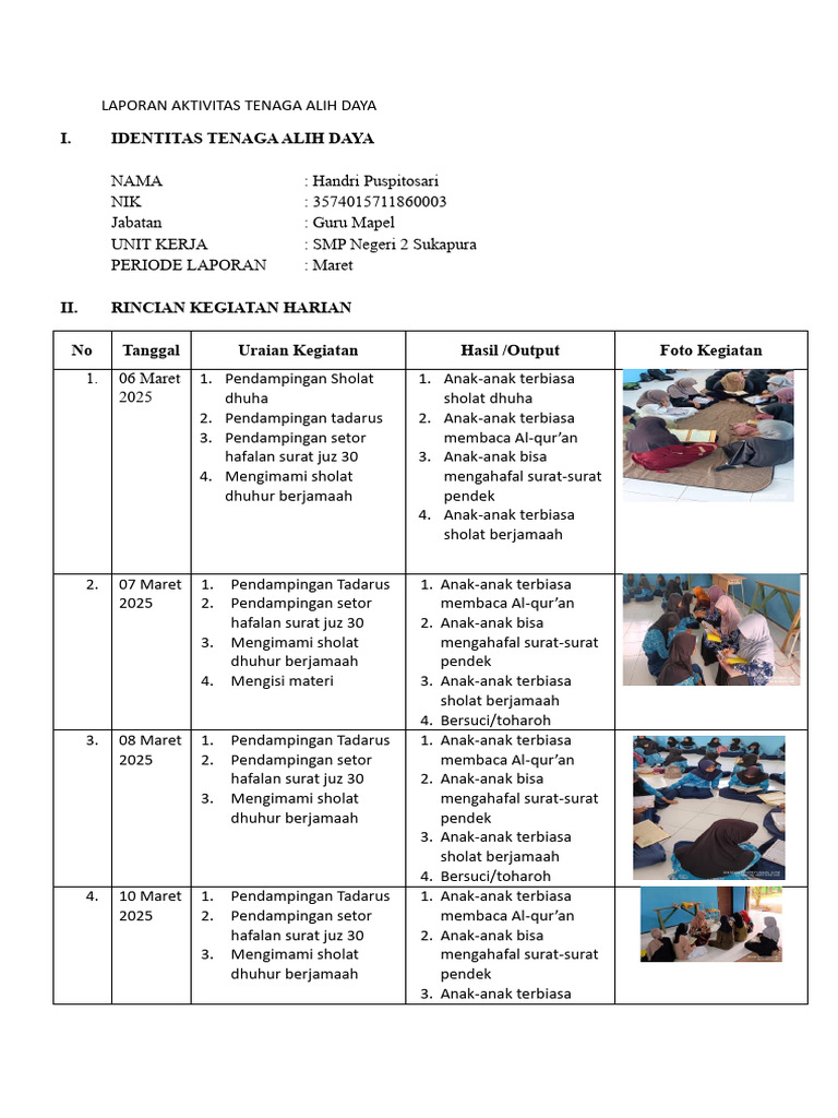Format Laporan Aktivitas Tenaga Alih Daya - Bu Handri | PDF