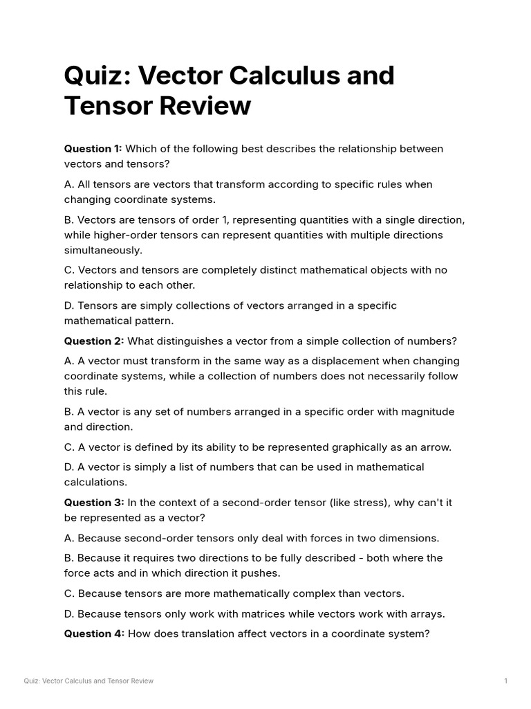 Quiz Vector Calculus and Tensor Review | PDF | Euclidean Vector | Tensor
