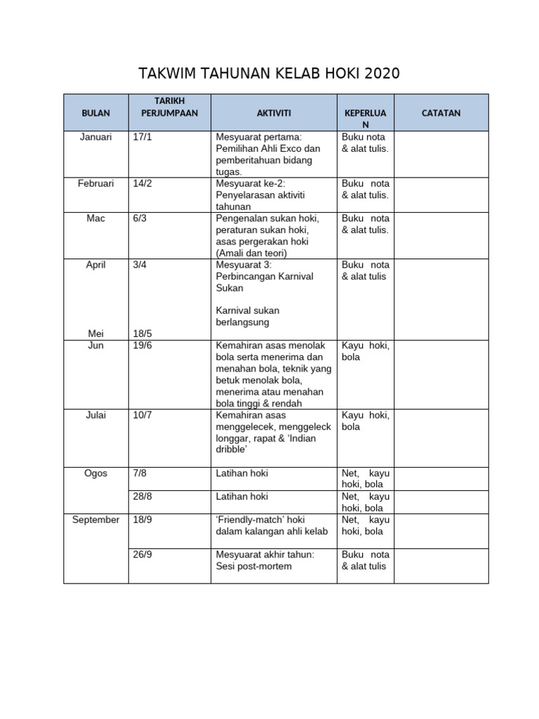 Takwim Tahunan Kelab Hoki 2020 | PDF