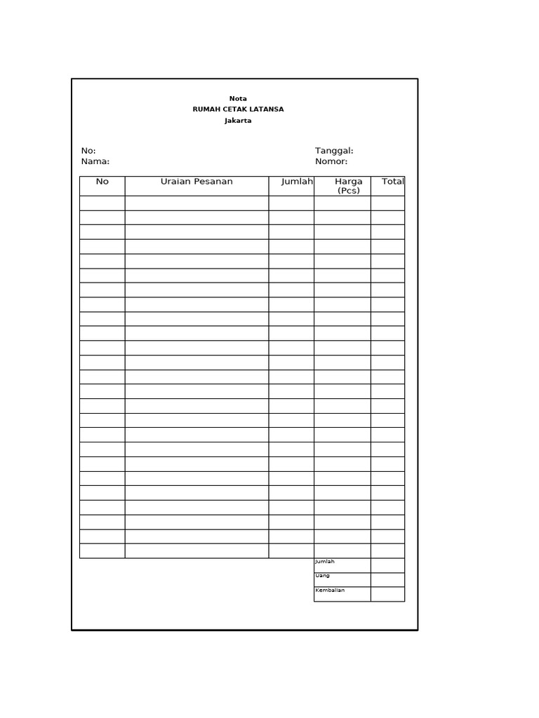 Template Nota Kosong Excel Gratis | PDF