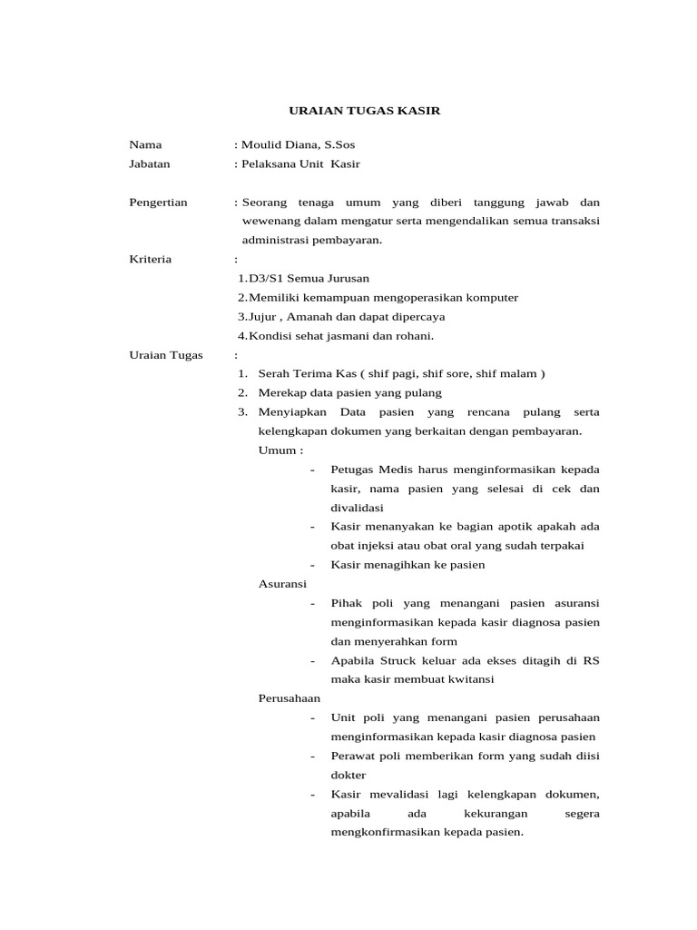 Uraian Tugas Kasir | PDF