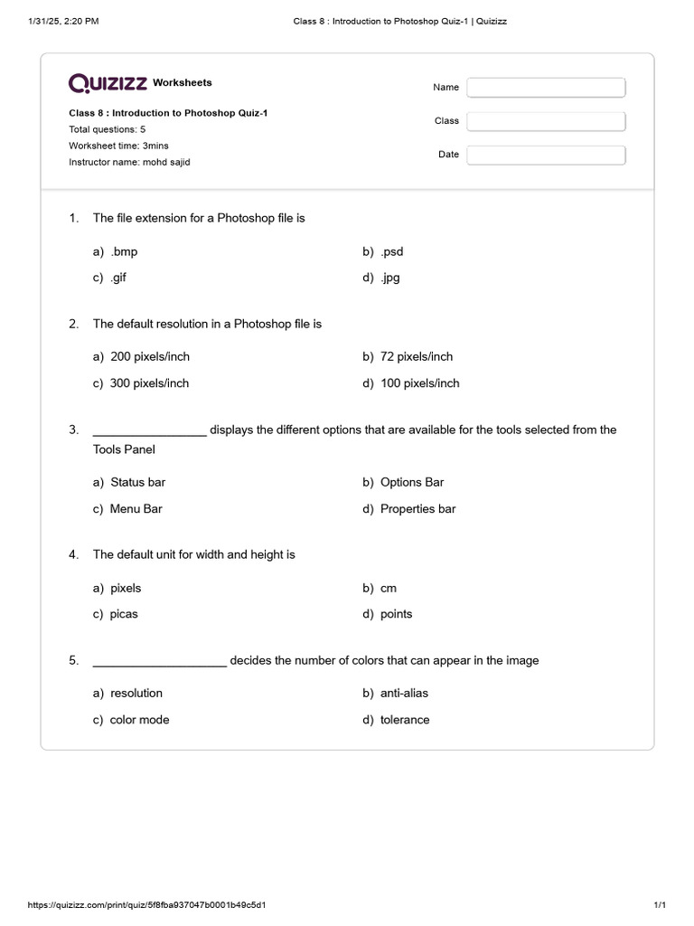 Class 8 Photoshop Quiz Worksheet | PDF