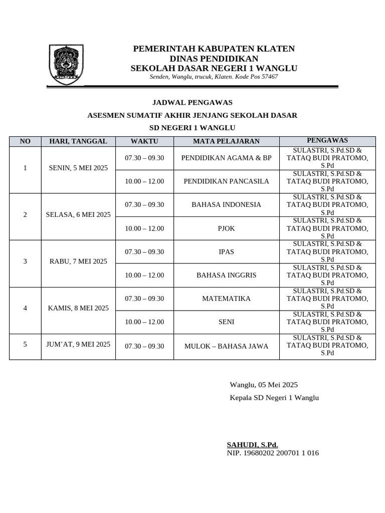 Jadwal Pengawas Asaj 2025 | PDF