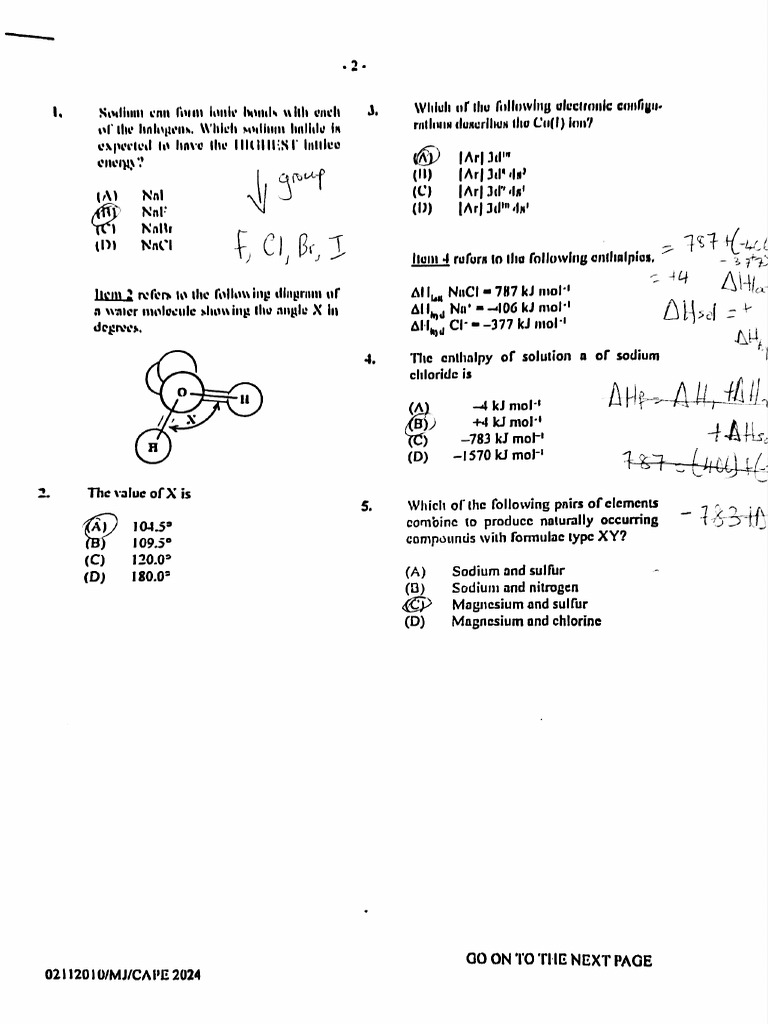 Cape Chemistry Unit 1 2024 Paper 1 Solutions | PDF
