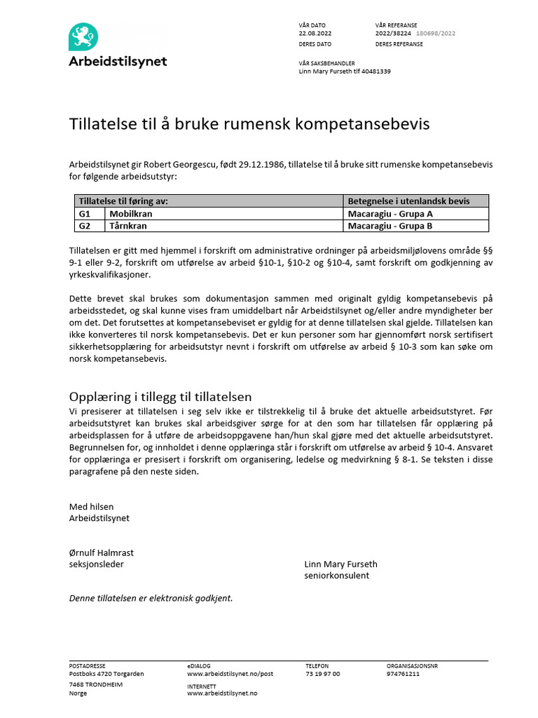 Vedtak Om Tillatelse Til Ã Bruke Utenlandsk Kompetansebevis - 1 | PDF