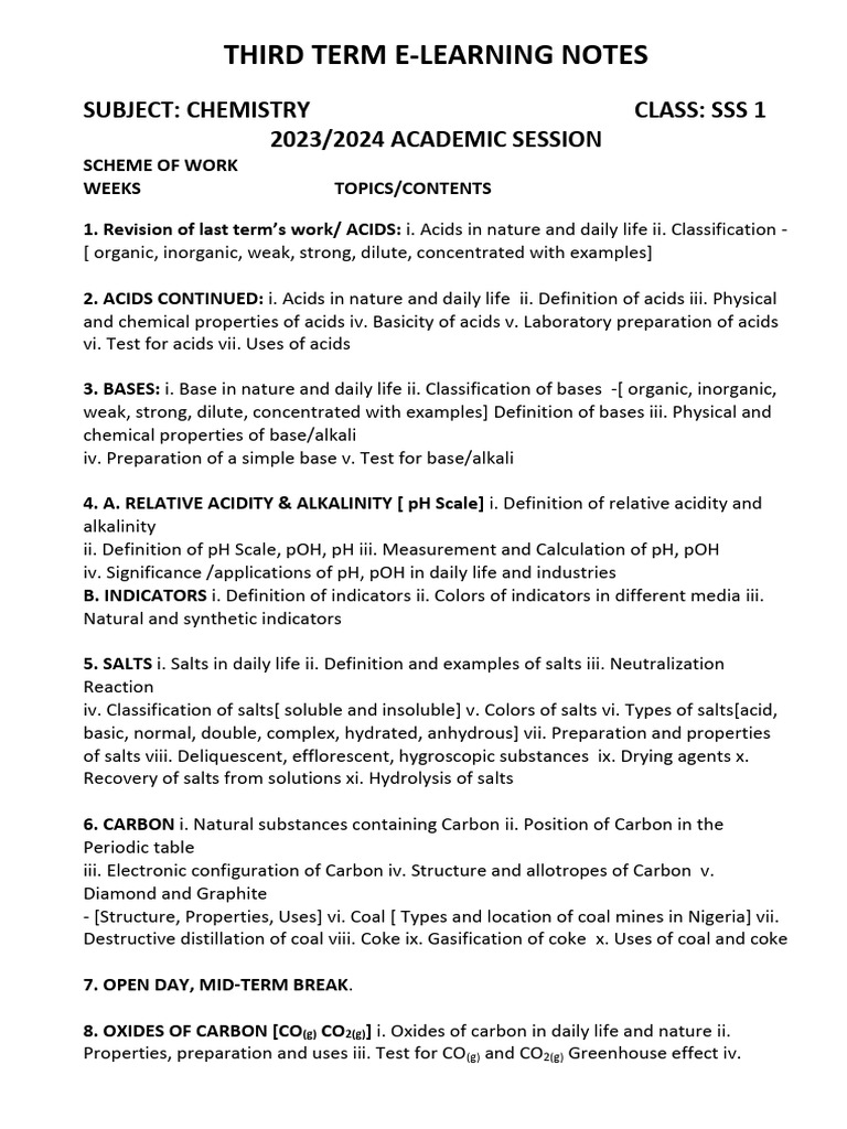 3RD Term S1 Chemistry Lesson Plan | PDF | Ph | Acid