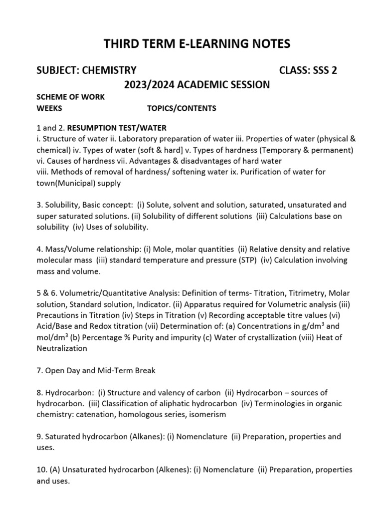 3RD Term S2 Chemistry Lesson Plan | PDF | Titration | Chemistry