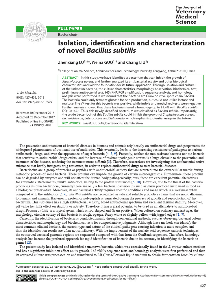 Isolation, Identification and Characterization of Novel Bacillus ...