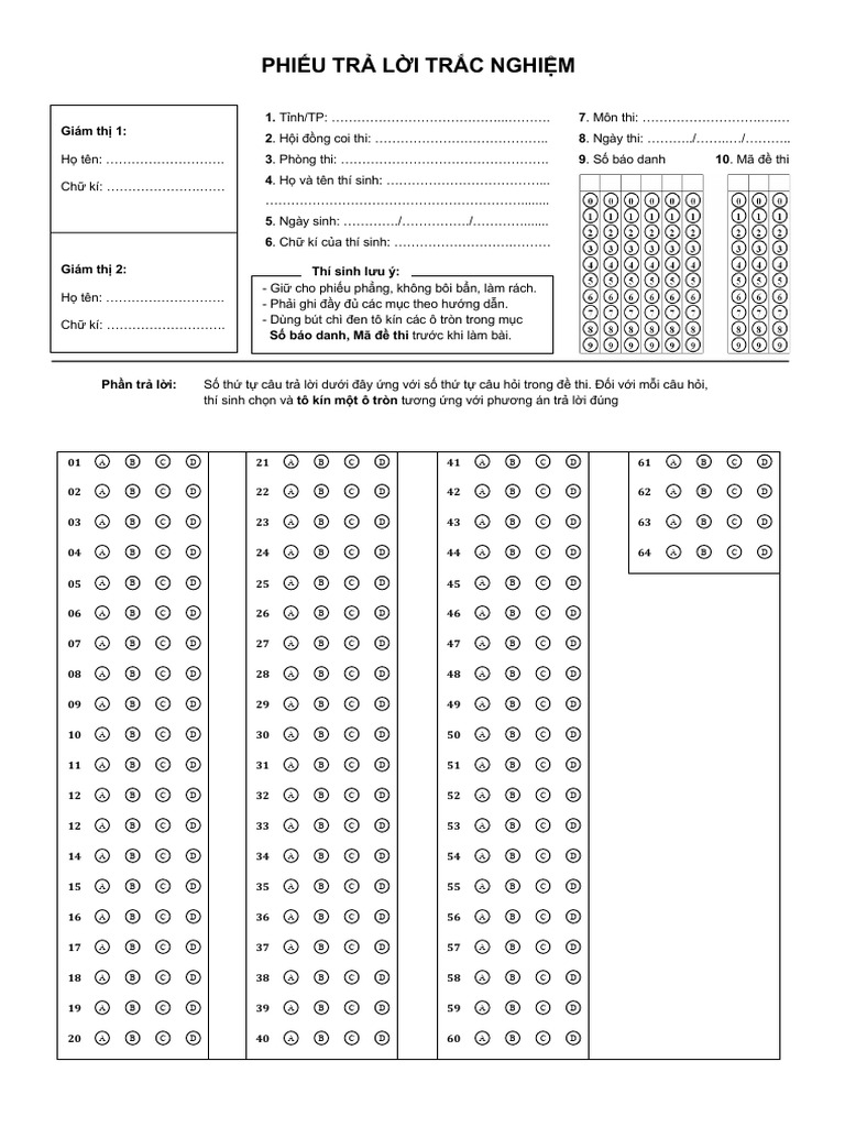 Mau Answer Sheet Ky Thi TNPT Quoc Gia Mon Tieng Anh | PDF