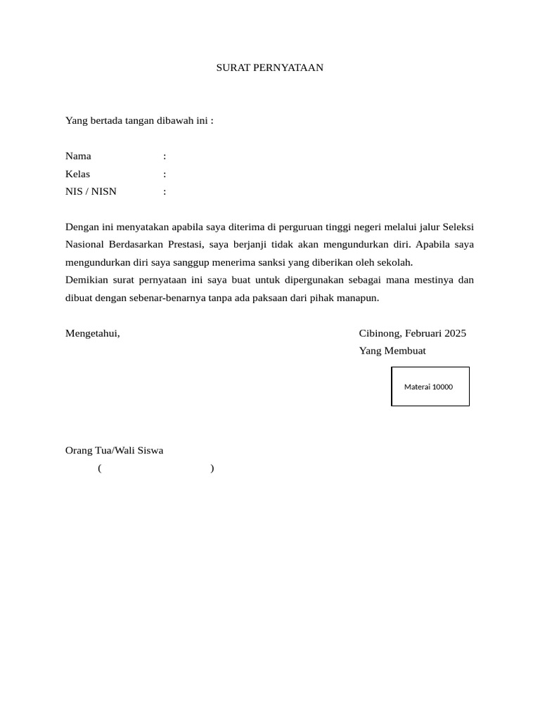 Surat Pernyataan Siswa SPMB 2025 | PDF