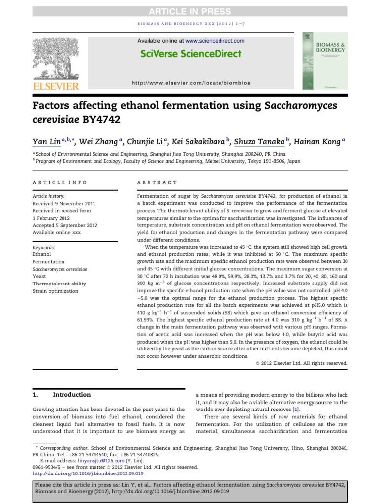 Factors Affecting Ethanol Fermentation | PDF | Fermentation | Yeast