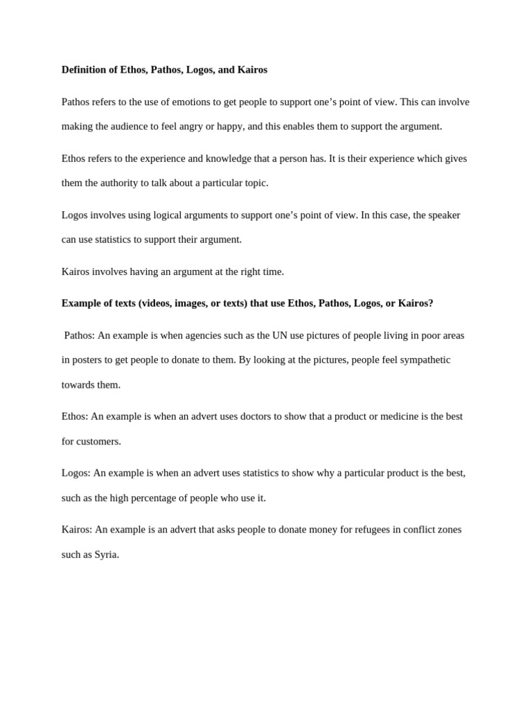 Definition of Ethos, Pathos, Logos, and Kairos | PDF