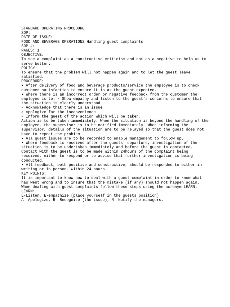 Handling Guest Complaints SOP | PDF