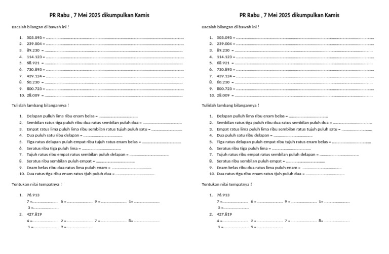 LK MTK Untuk PR Bab 9 Baca Bilangan Sampai Sejuta | PDF