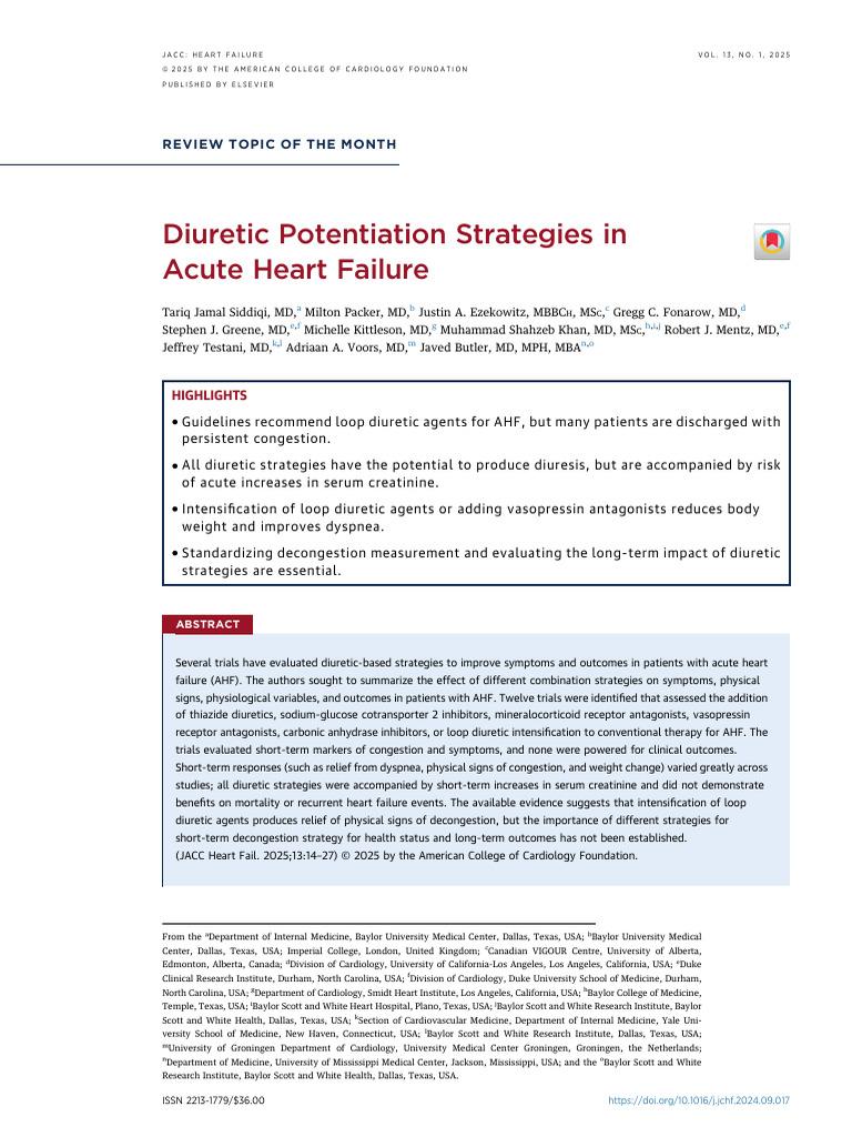 Siddiqi Et Al 2025 Diuretic Potentiation Strategies in Acute Heart Failure | PDF | Heart Failure ...