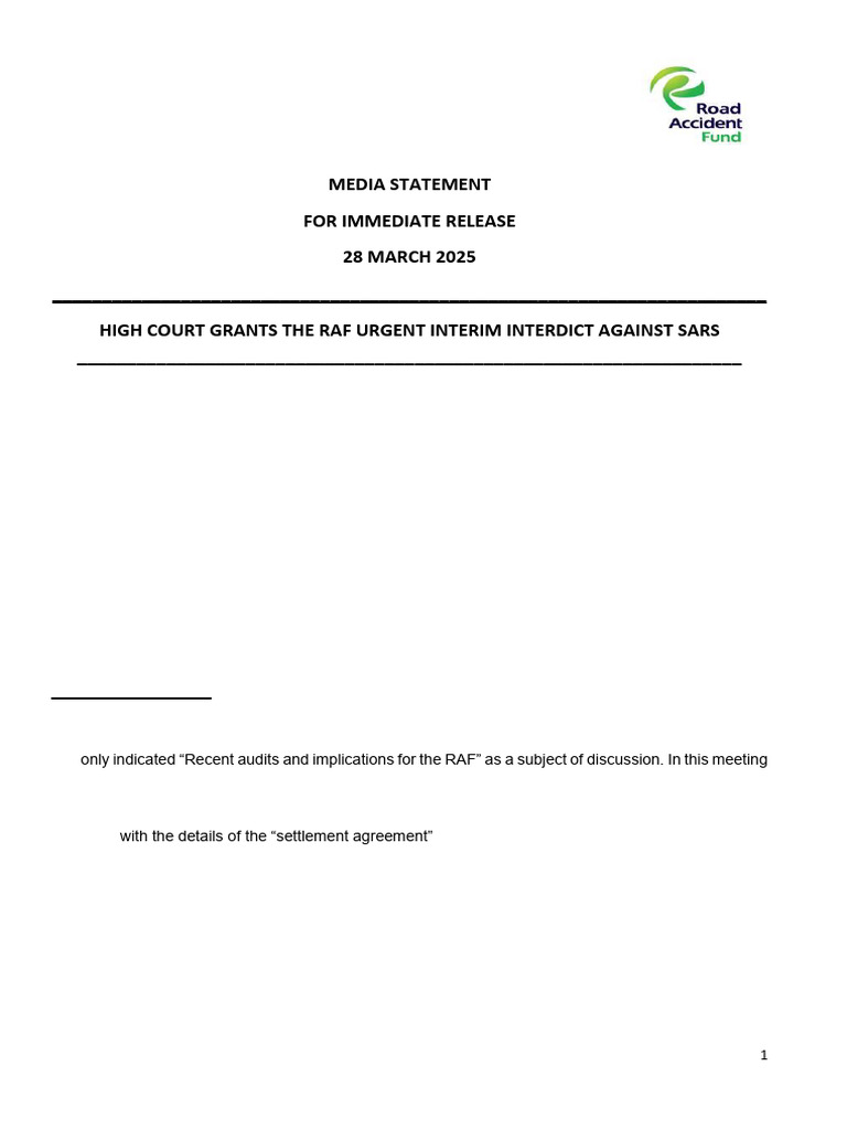 Media Statement - High Court Grants The RAF Urgent Interim Interdict Against SARS - 28 March ...