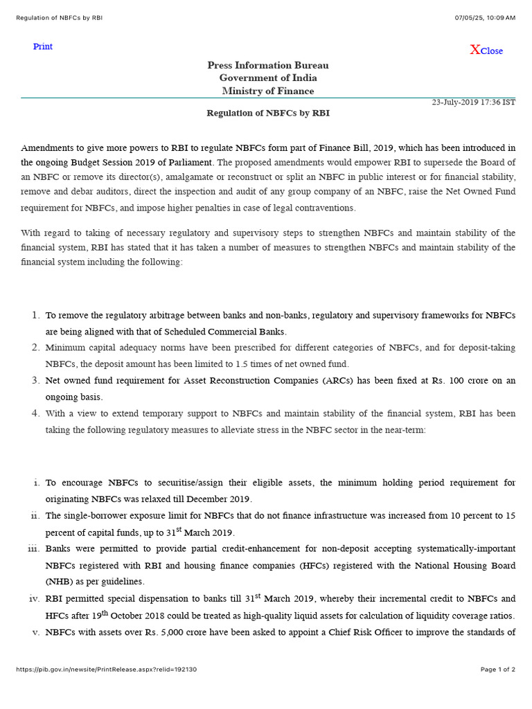 Regulation of NBFCs by RBI | PDF | Reserve Bank Of India | Non Bank ...