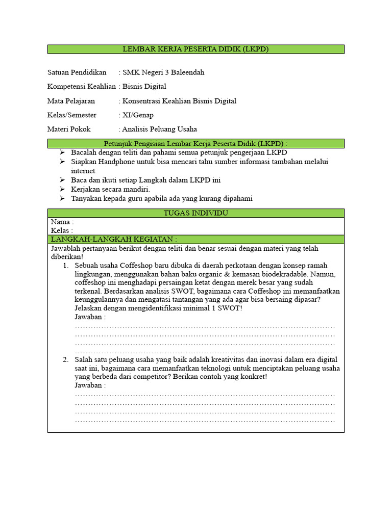 LKPD Analisis Peluang Usaha | PDF