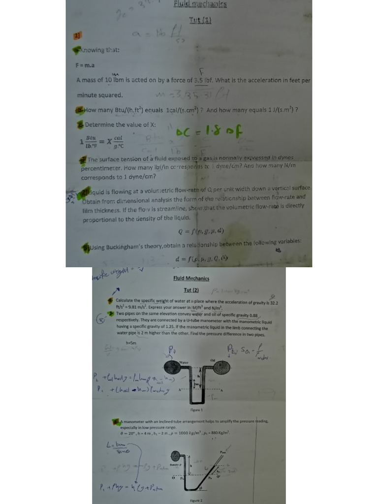 Fluid Mechanics Che016 - Tutorials & Tests & Final | PDF