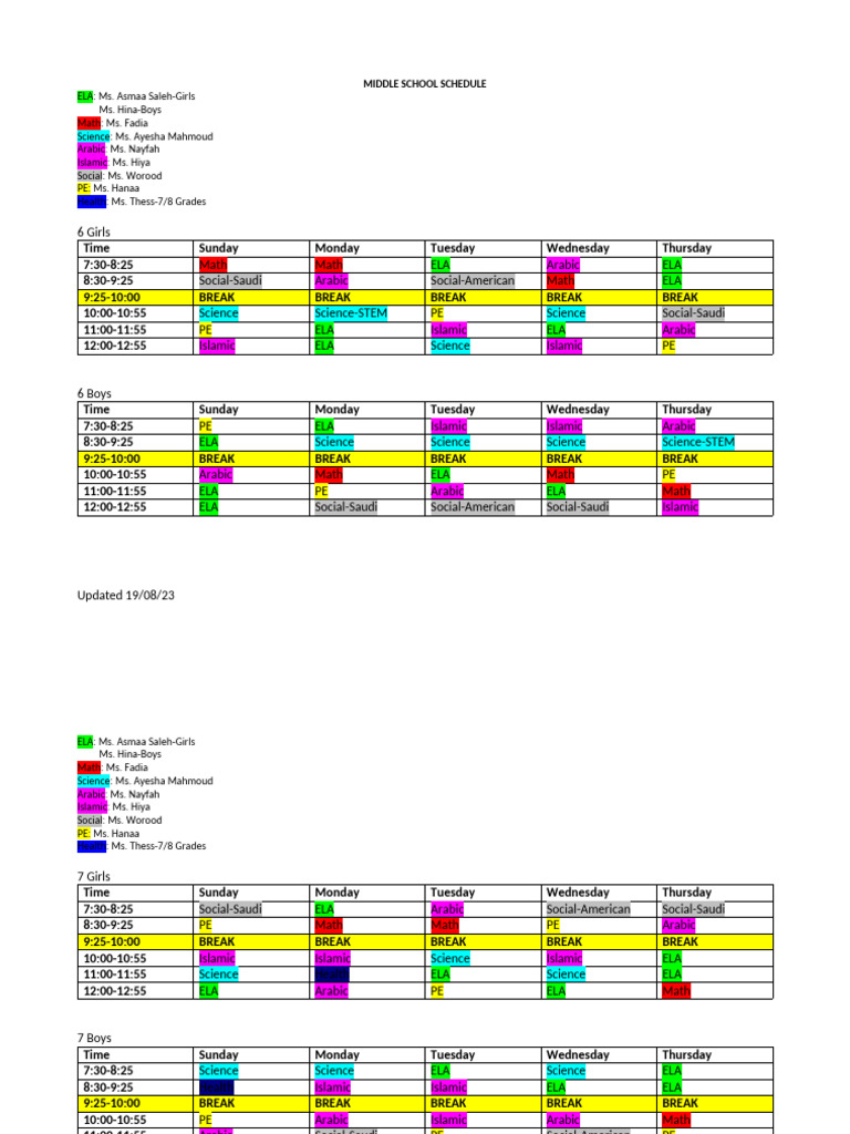 2023-24 Middle School Class Schedule | PDF