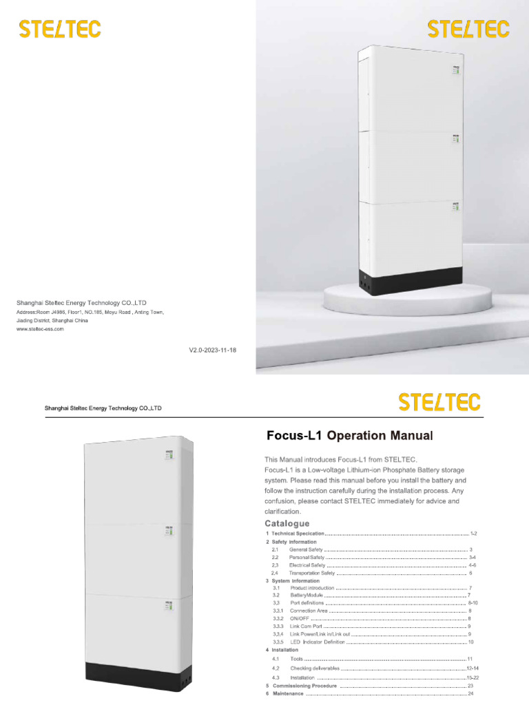 STELTEC Low Voltage Battery Focus L1 User Manual V2.0 | PDF