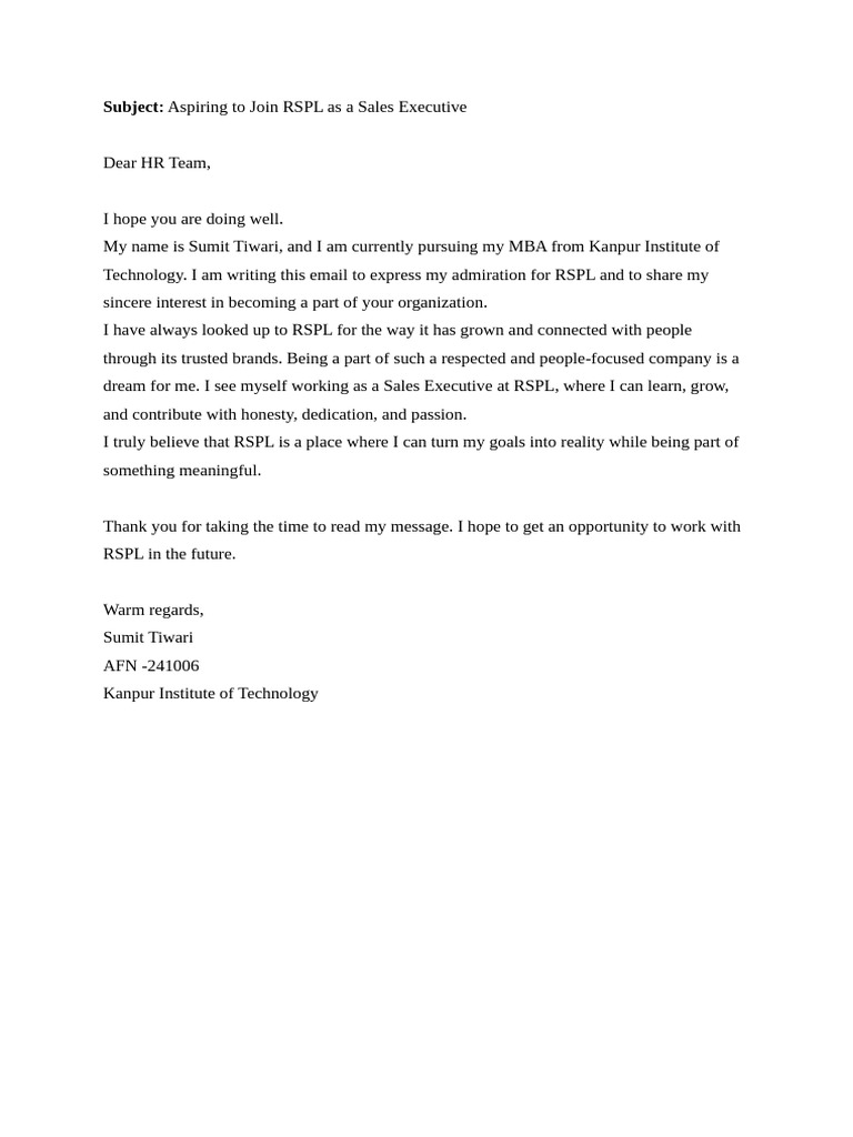 Aspiring To Join RSPL As A Sales Executive | PDF
