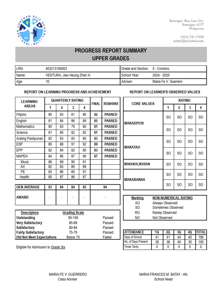 REPORTCARDSummary VENTURA, Jiao Heung Zhen H. | PDF