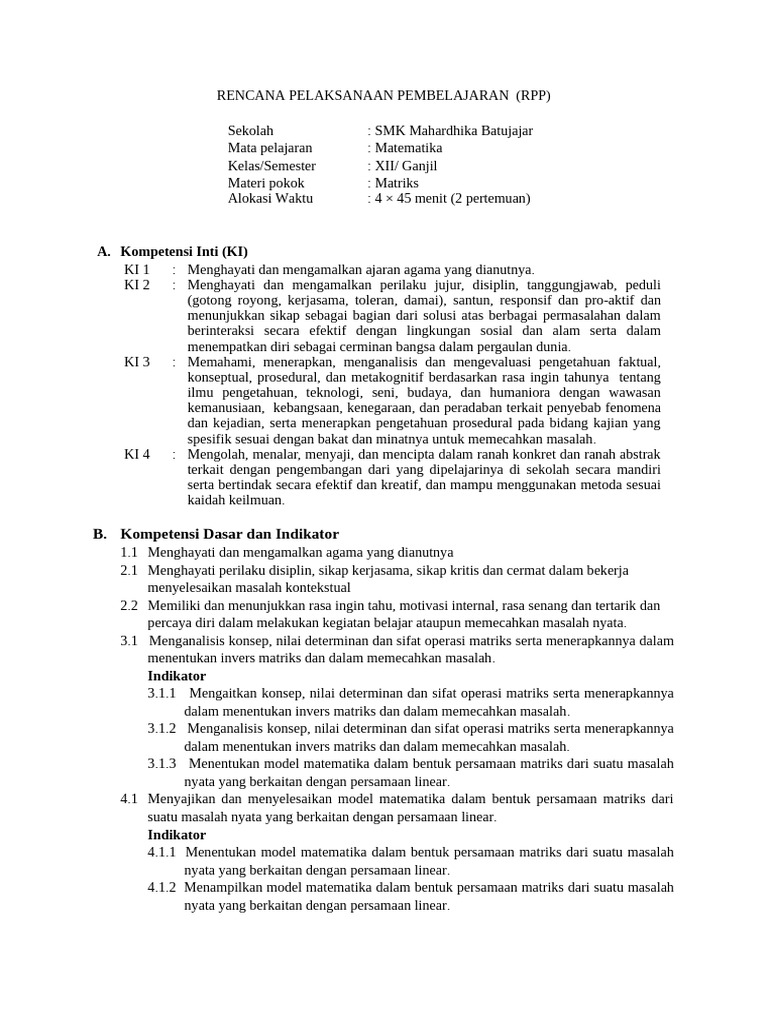 RPP Xii Matriks-Determinan Matriks | PDF