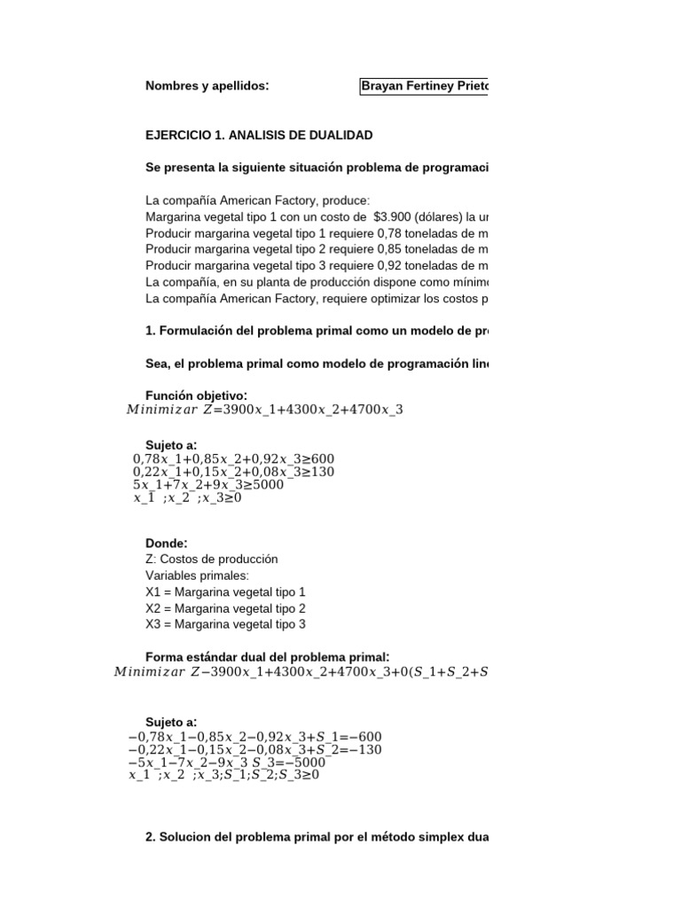 Avance - Ejercicio 1 - Analisis de Dualidad - Brayan Prieto | PDF | Programación lineal | Análisis