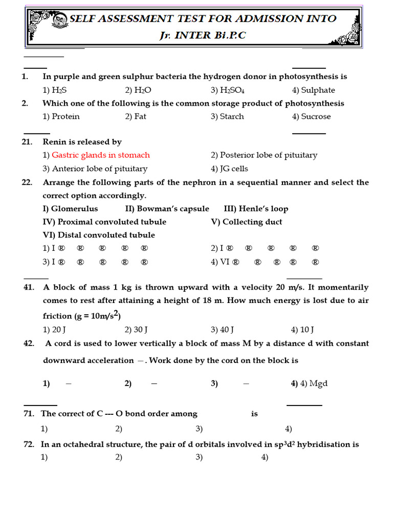 Admission Test Paper - Bipc - Sample | PDF | Organ (Anatomy) | Kidney