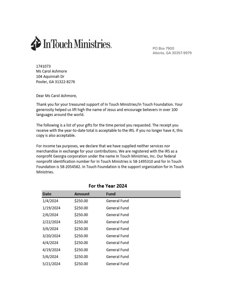 2024 Donation Summary for Carol Ashmore | PDF | Religious Belief And ...