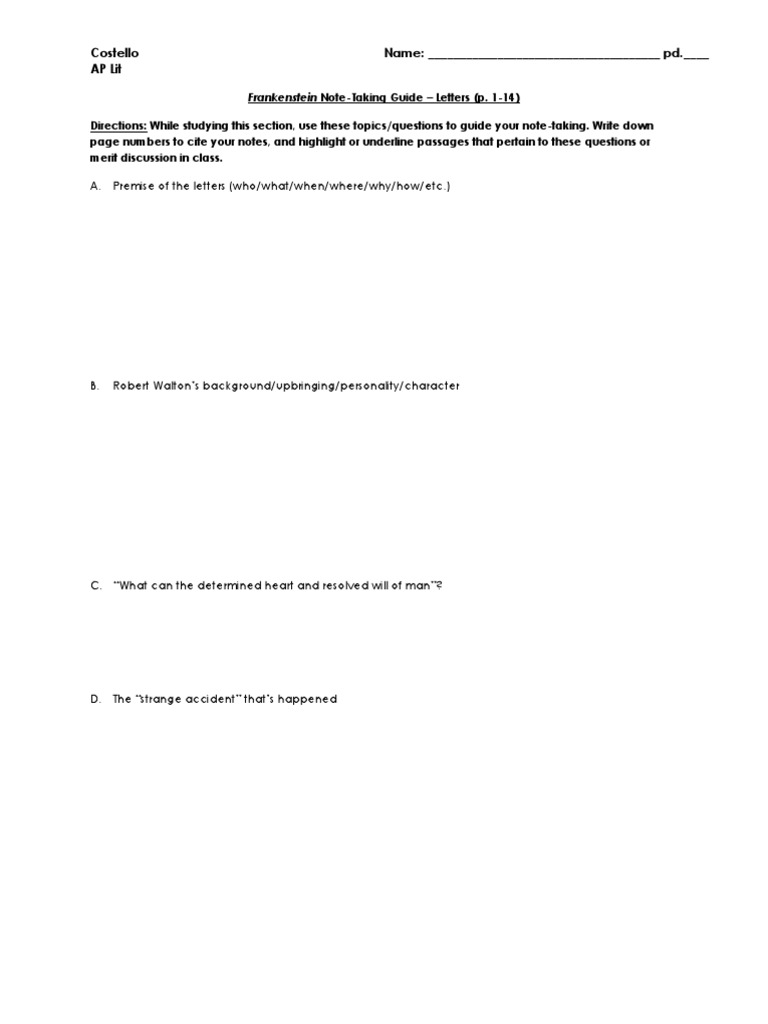 AP Lit Frankenstein Note-Taking Guide | PDF | Frankenstein | Writing