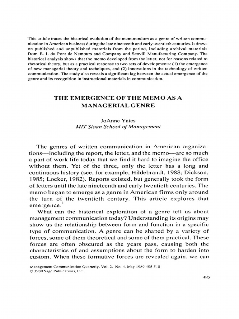 Yates 1989 The Emergence of The Memo As A Managerial Genre | PDF
