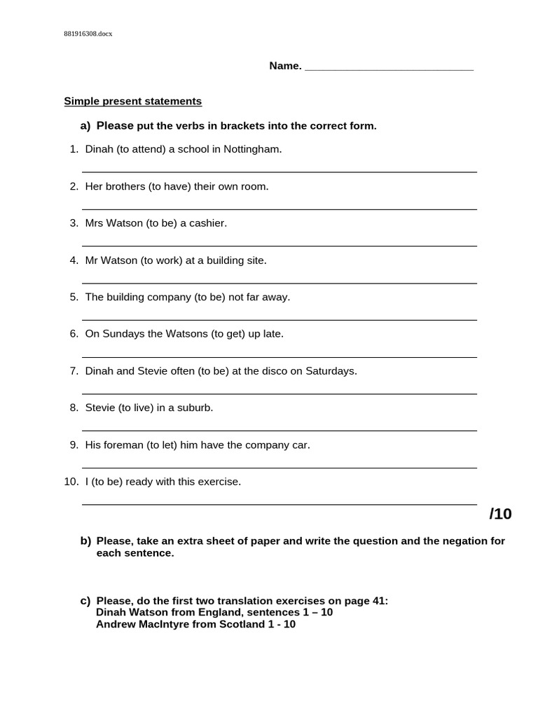 1 SIMPLE PRESENT Statements Dinah MH | PDF
