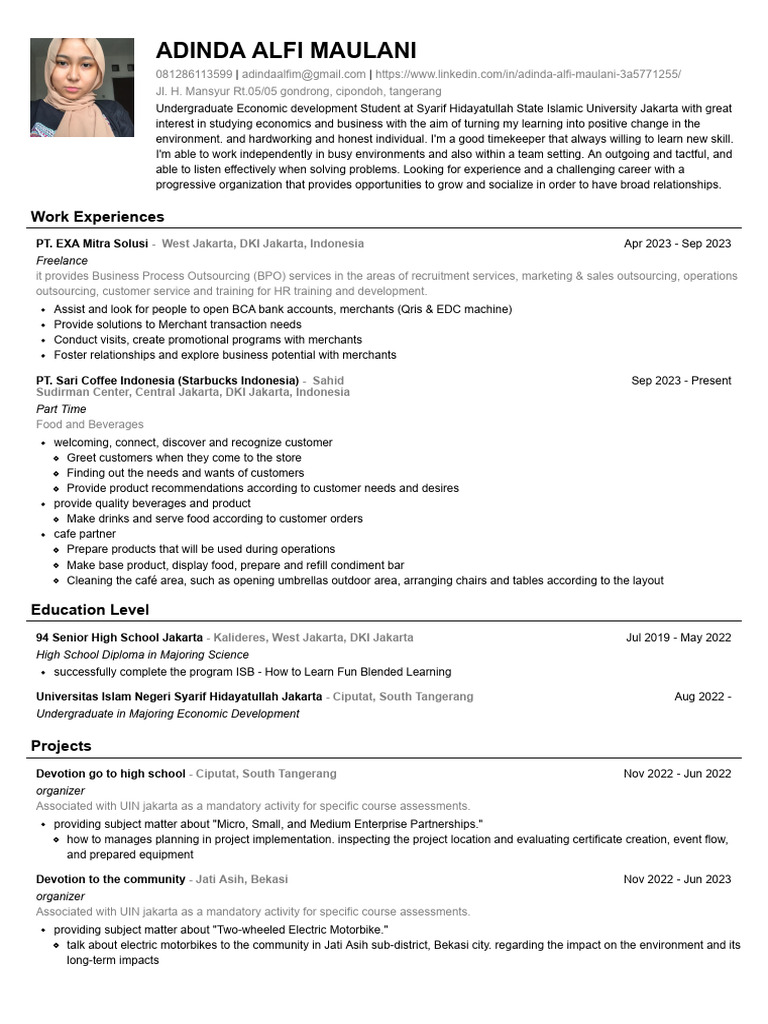 CV - Adinda Alfi Maulani - Ekonomi Pembangunan | PDF | Jakarta