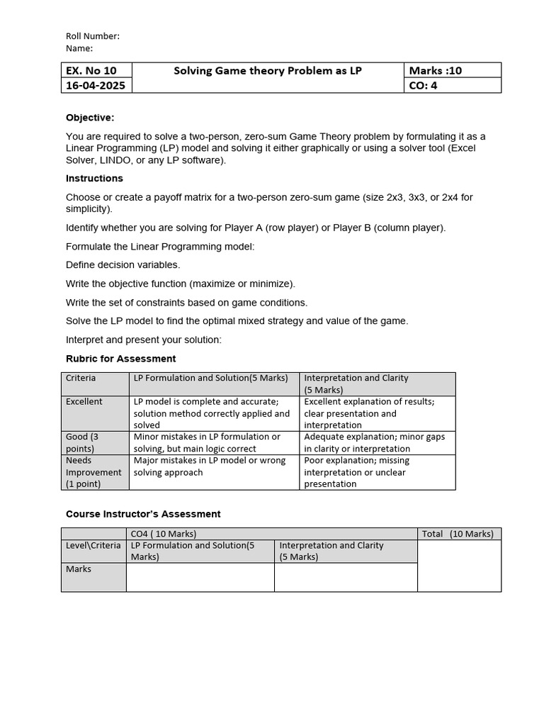 Ex10. Solving Game theory problem as LP | PDF